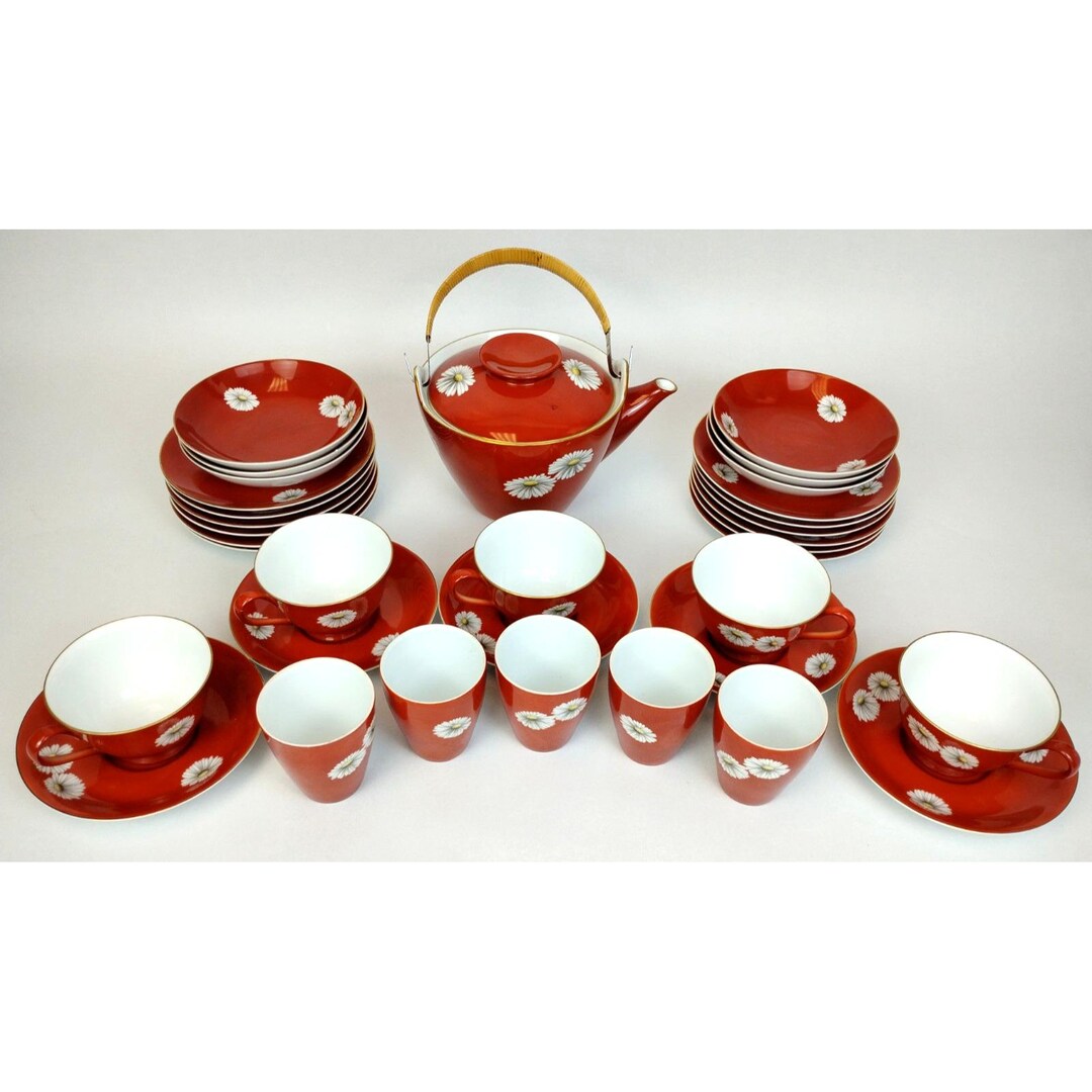 Noritake Nippon Toki Kaisha Japan Red Daisy Flowers Tea Pot Cup Bowls ...