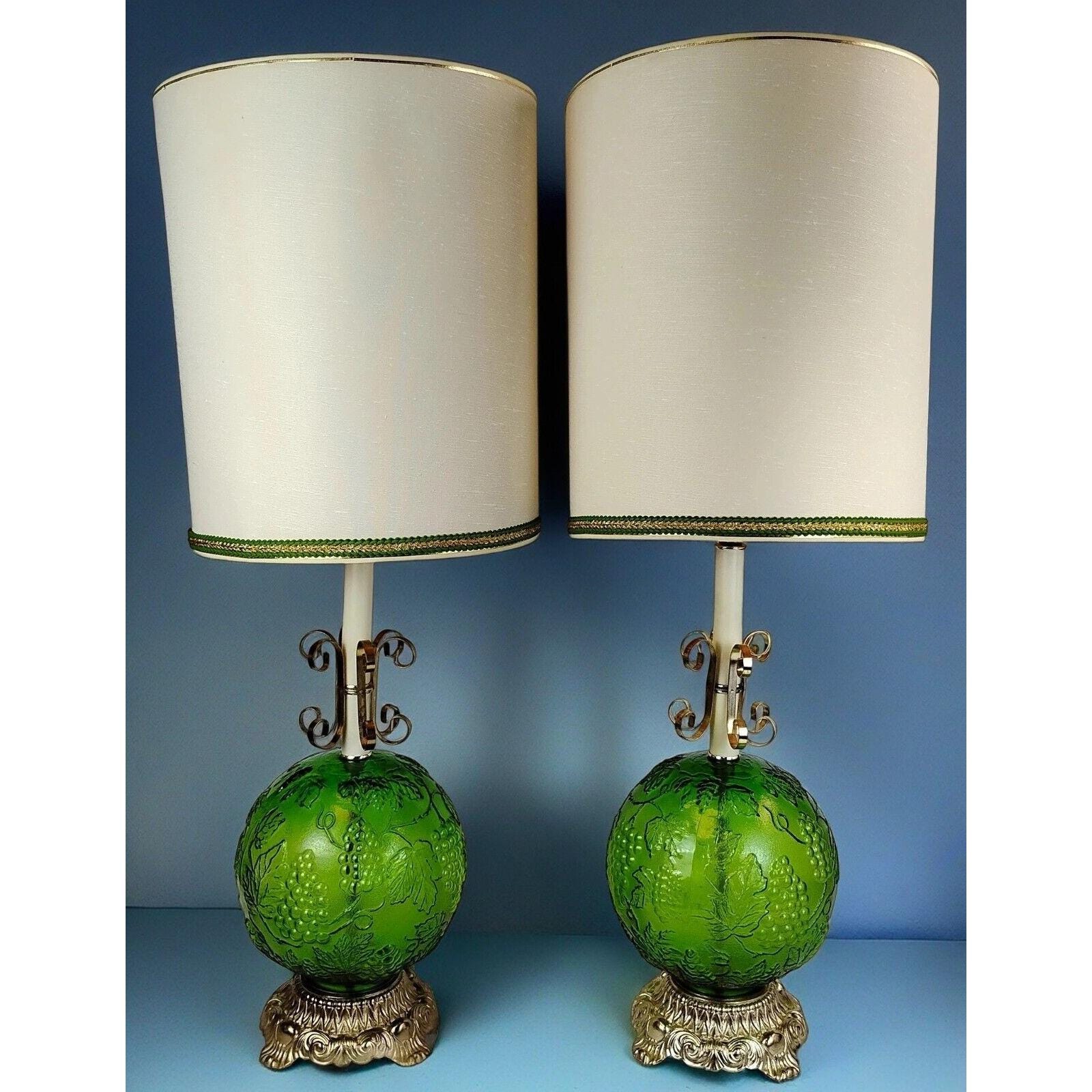 1972 EF&EF Green Grapes Glass Globe 3-way Table Lamps 36" T Pair Shades ...