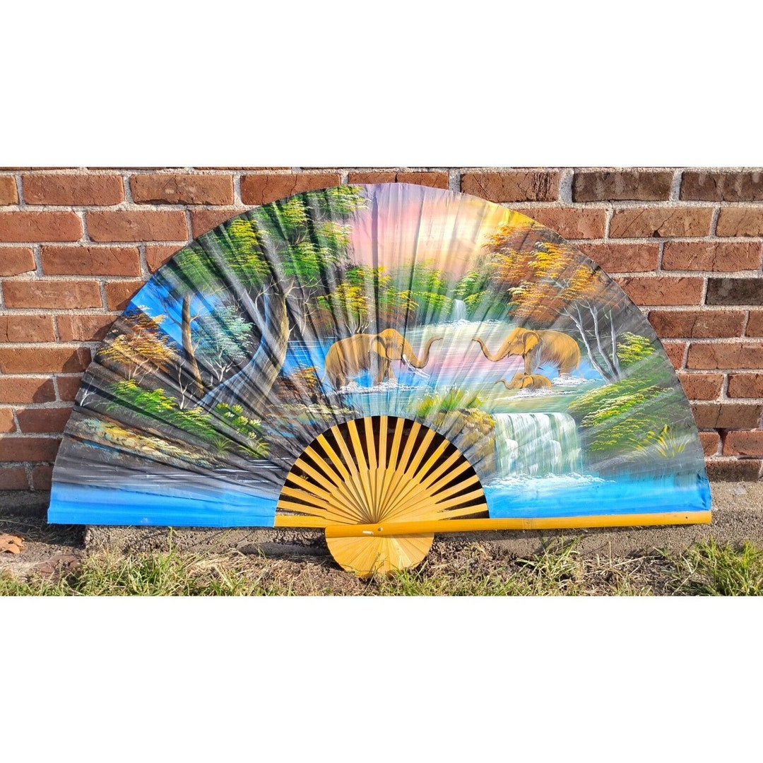 Huge 5ft Hand Painted Folding Fan Elephants & Waterfall Thailand Wall ...