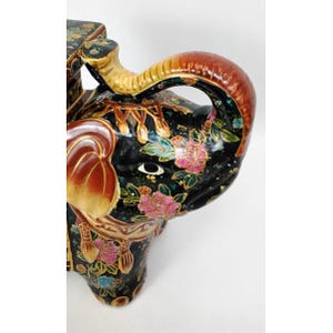 Ceramic Satsuma Moriage Elephant Stand Statue 13" Trunk up Chinoiserie ...