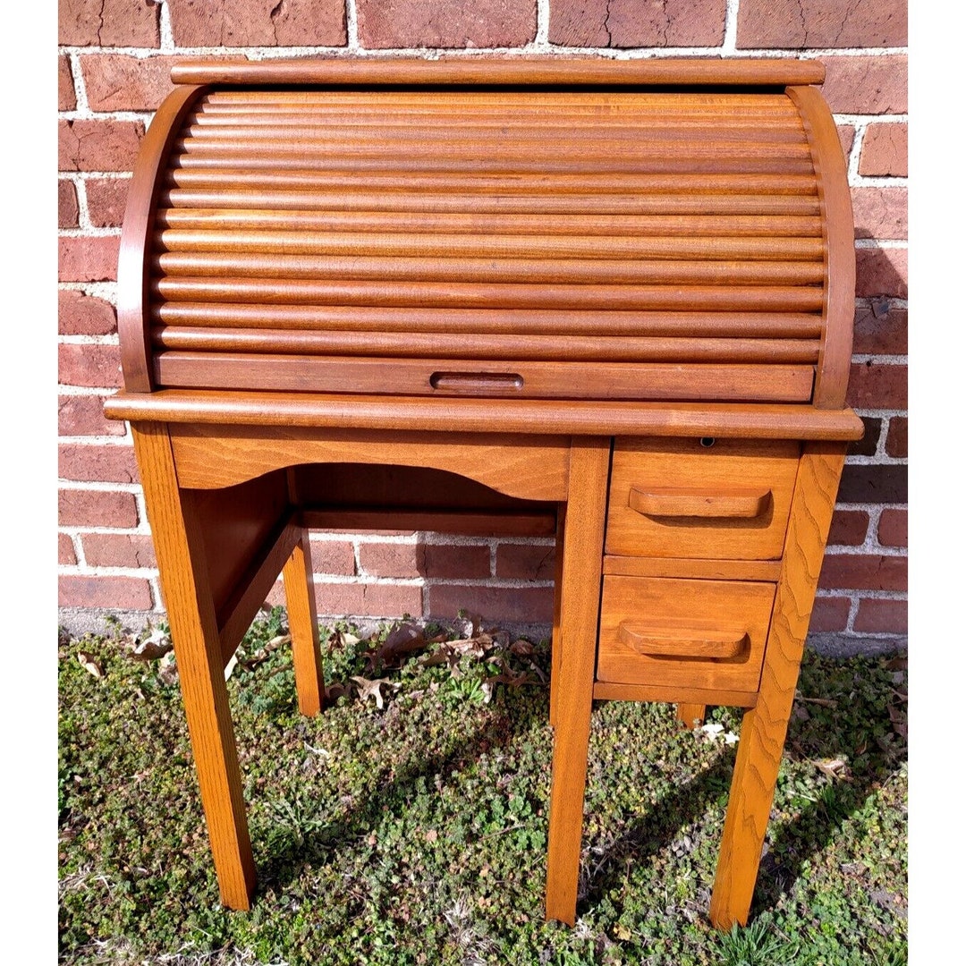 1940’s Child’s Solid Oak Wood Roll Top Desk 2ft Tall Writing Top 2 ...