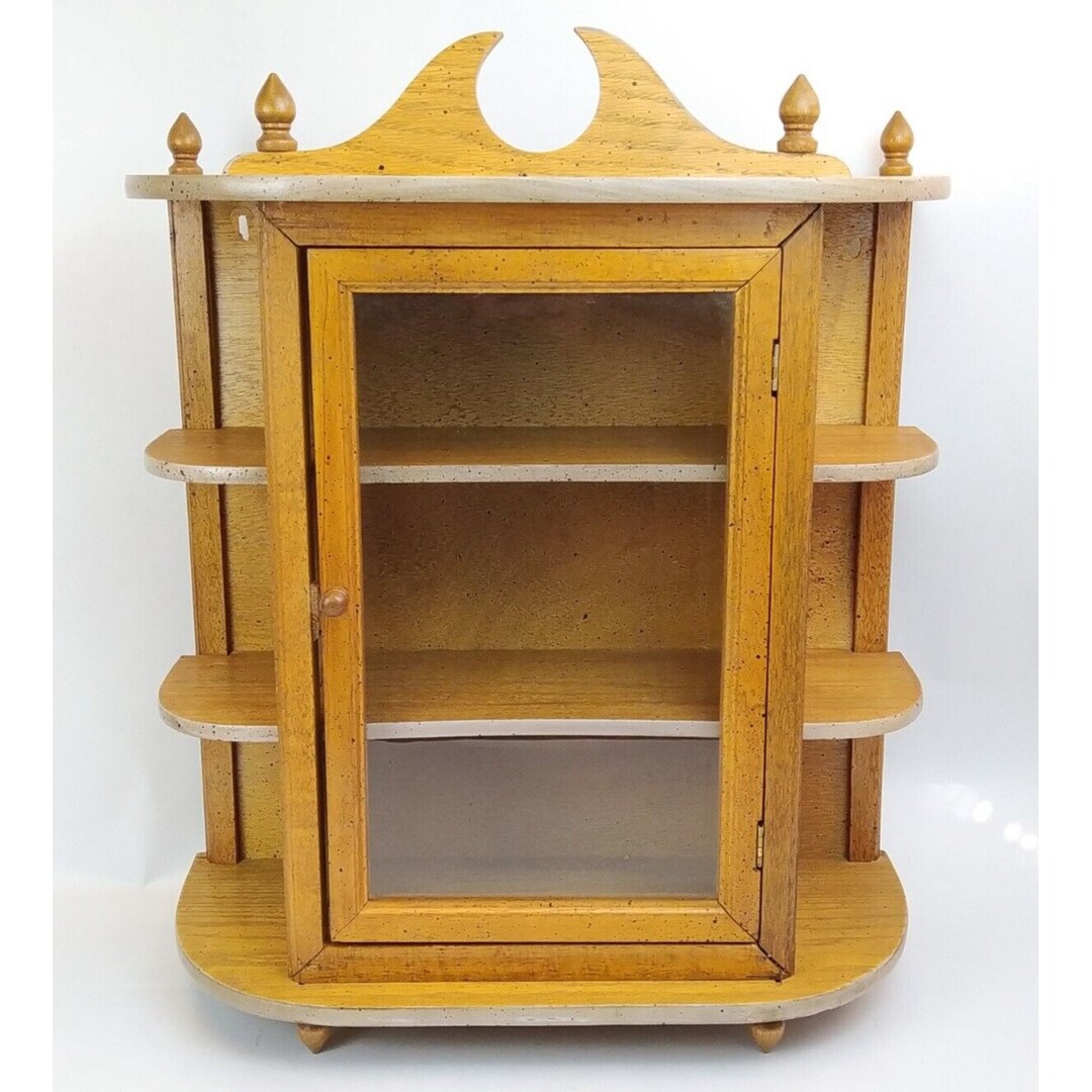 Unique Curved Solid Wood 3 Tier Glass Door Wall Curio Cabinet Knick ...
