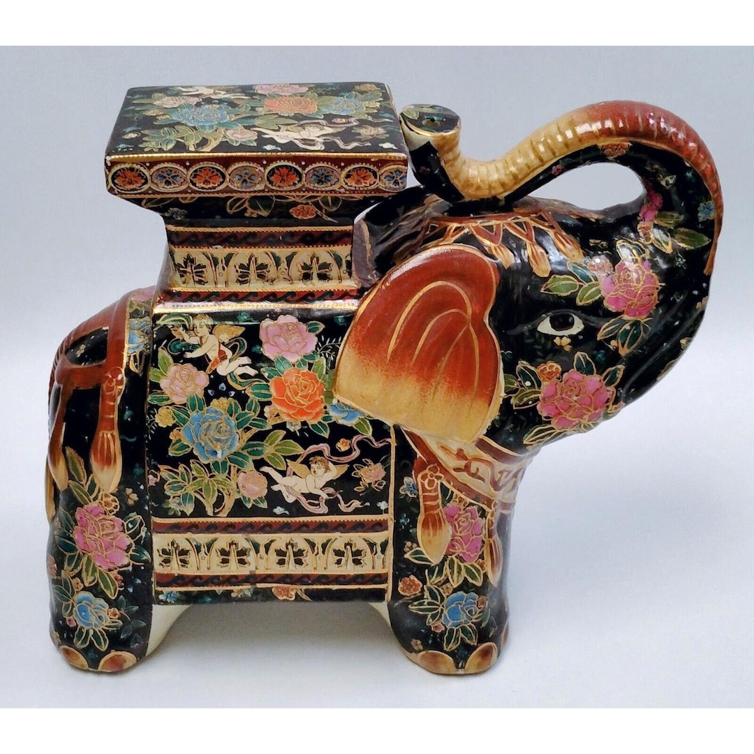 Ceramic Satsuma Moriage Elephant Stand Statue 13" Trunk up Chinoiserie ...