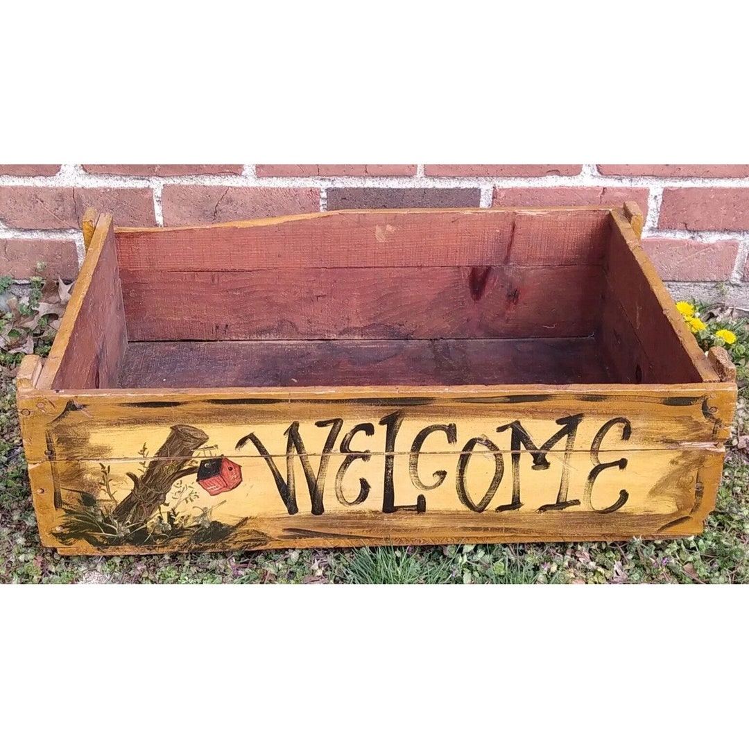 28" Hand Painted Folk Art Wooden Crate Farmhouse Storage Box Welcome ...