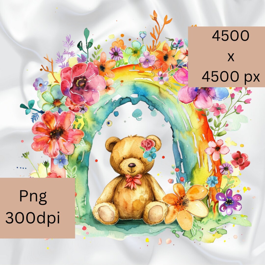 Rainbow Teddy PNG, Teddy Bear Clipart, Printable, Teddy in Flowers ...