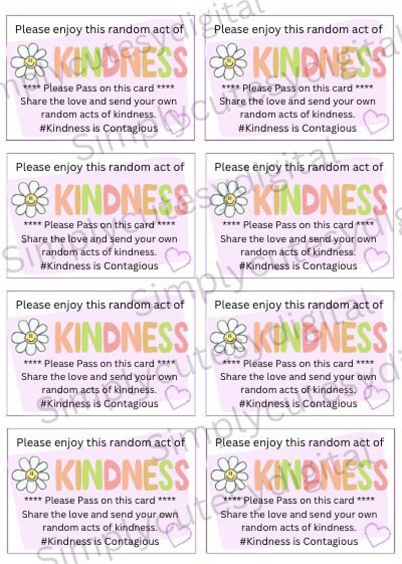 Printable Random Act Of Kindness Cards Raok Kindness Is Etsy