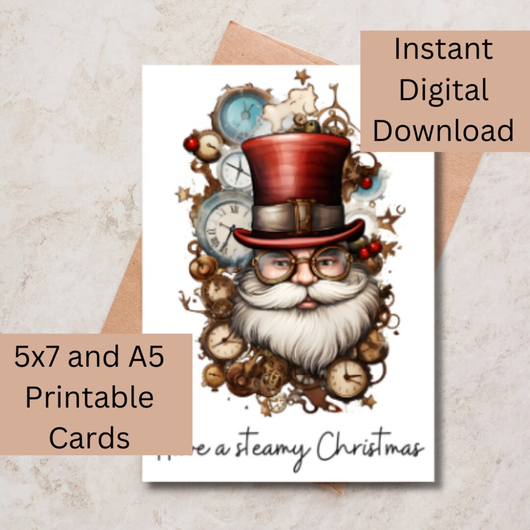 Steampunk Printable Christmas Card, Steam Punk Card, Card Instant ...