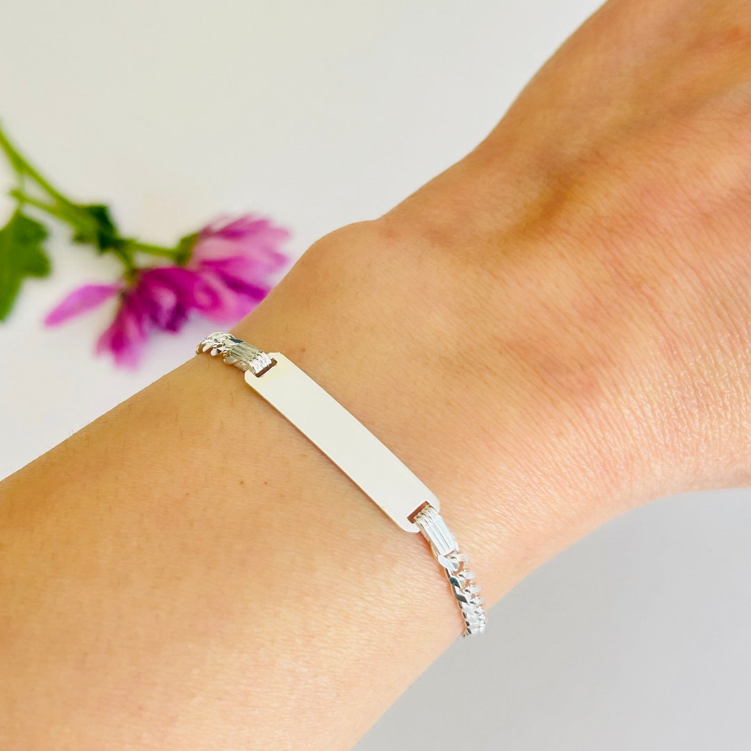 Dainty Personalized Sterling Silver ID Bracelet, Silver Engravable ...