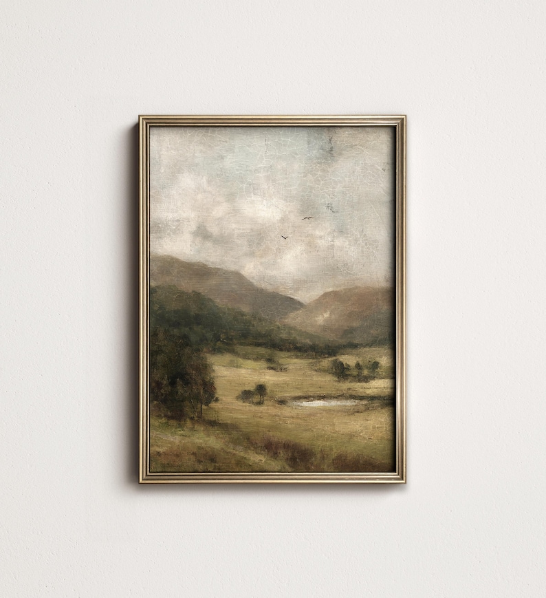 Vintage Countryside Painting: Rustic Cottage Landscape Wall Art ...