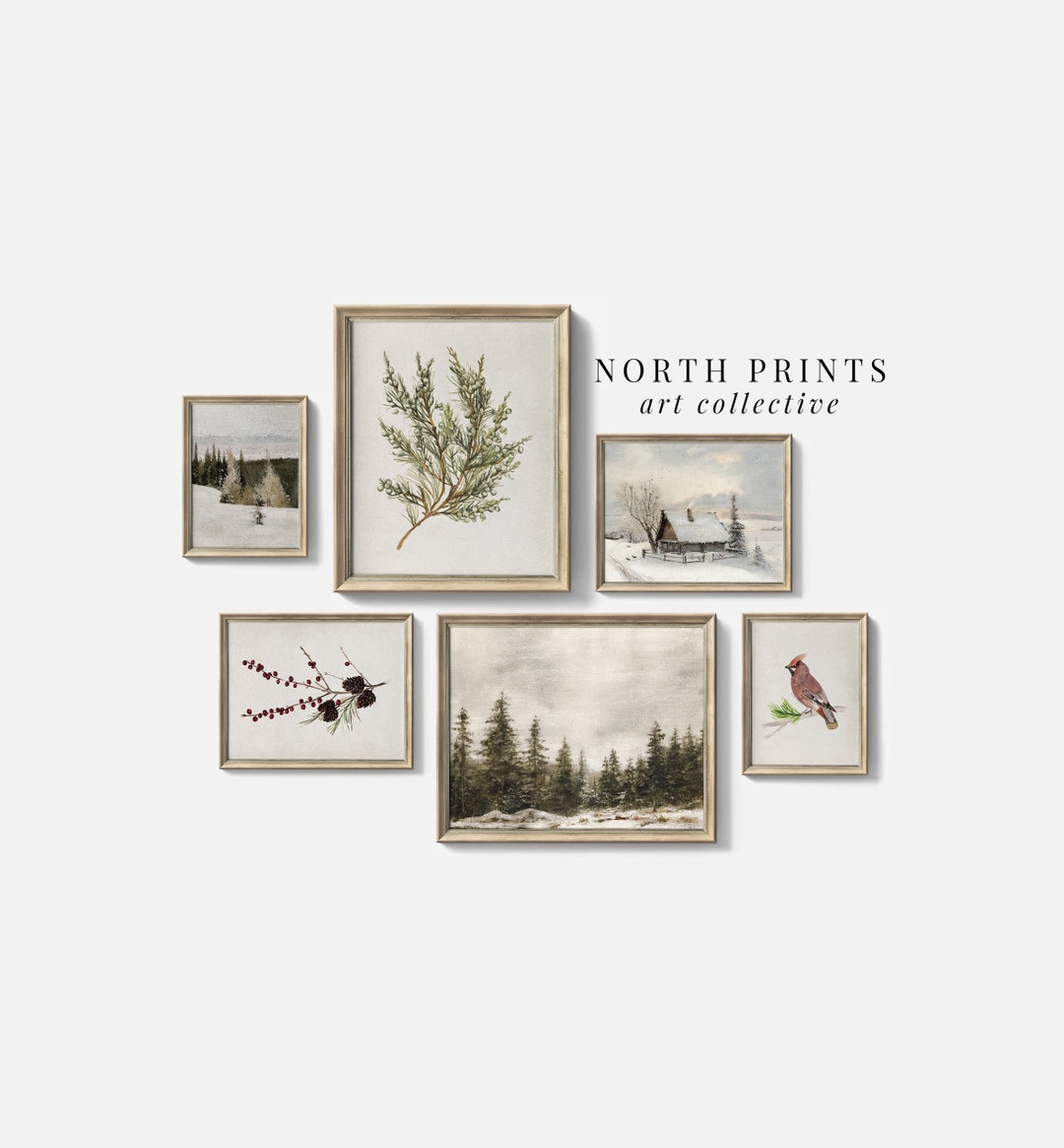 PRINTABLE Vintage Christmas Art Winter Gallery Wall SET of Six Country ...