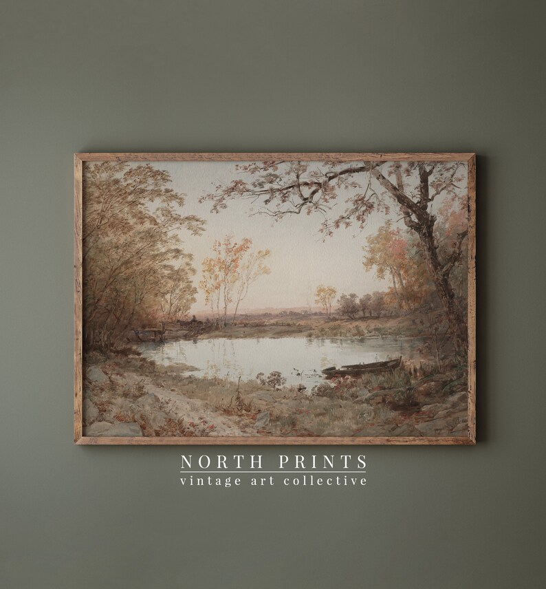 Muted Autumn Pond Landscape Painting Vintage Wall Art - Etsy