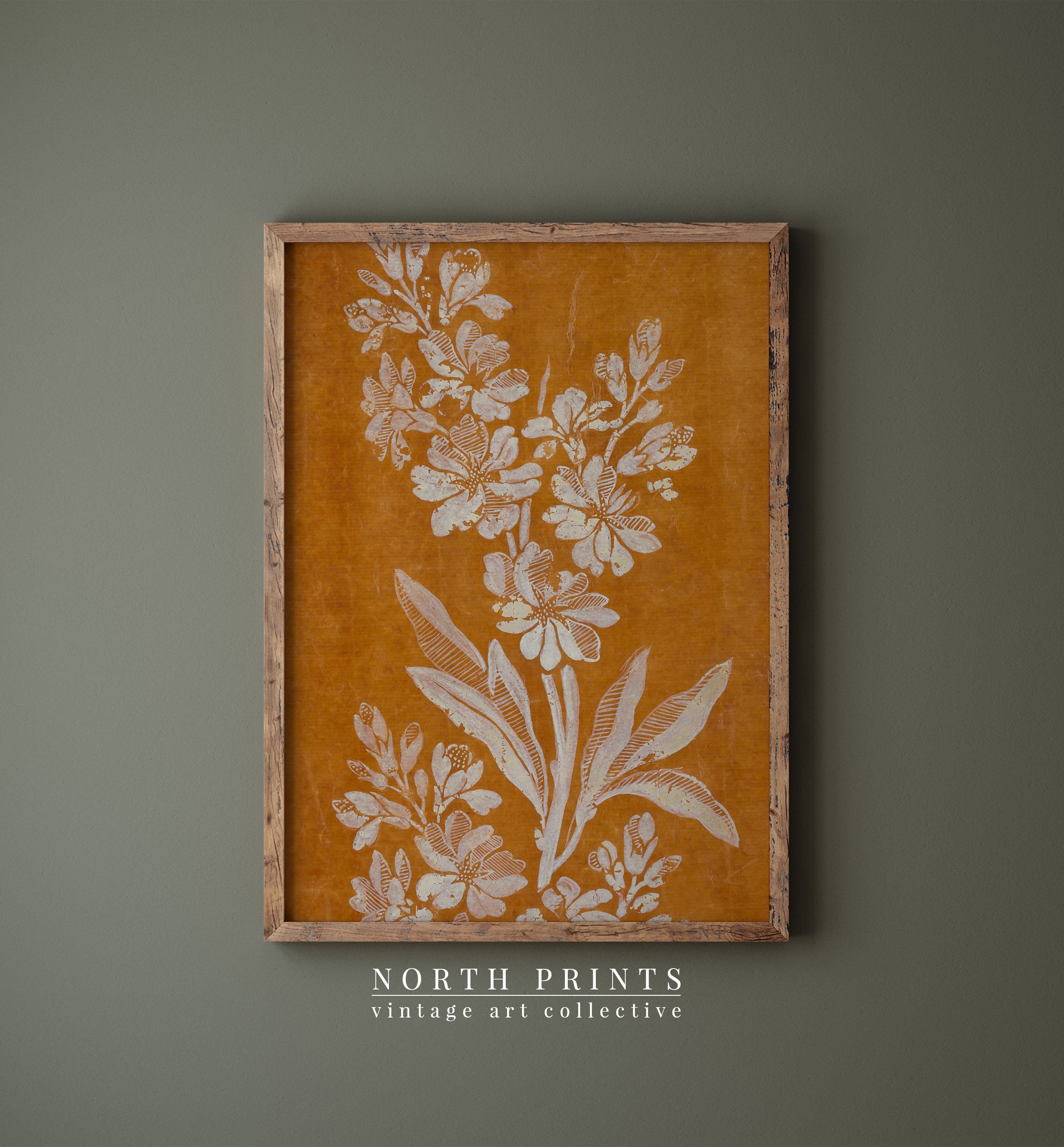 Vintage Textile Art, Burnt Orange Botanical Tapestry Print Digital ...