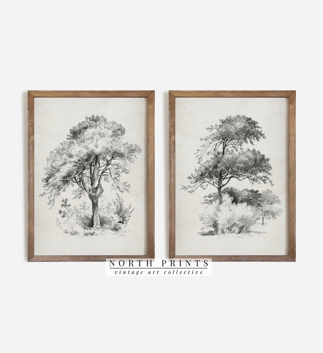 Rustic Tree Drawing Print SET of Two | Neutral Landscape Wall Art ...