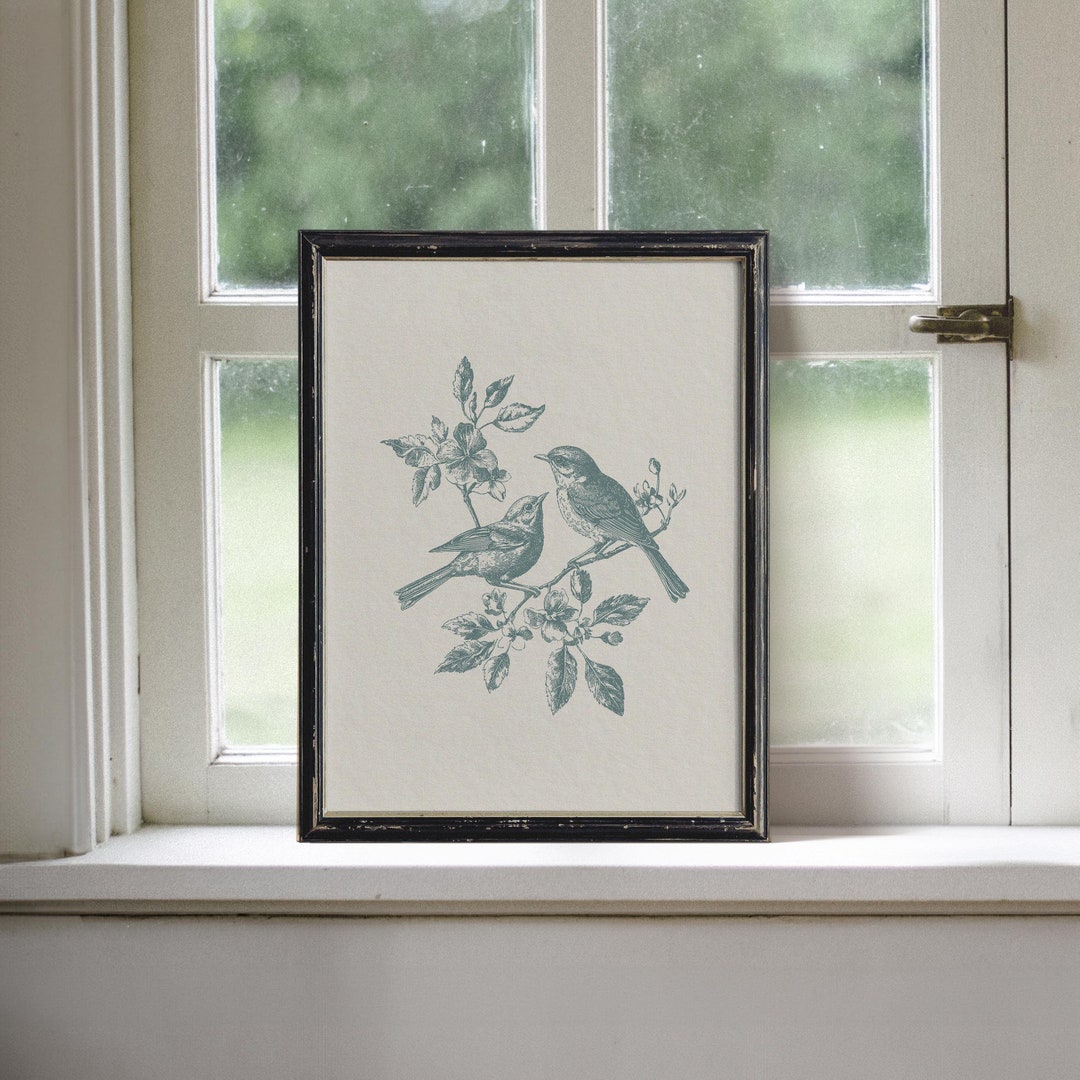 Blue Birds Sketch Print: Minimalist Botanical Farmhouse Wall Art ...