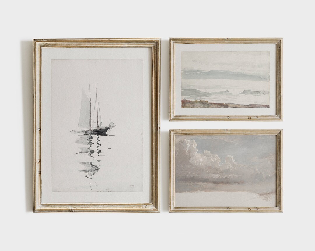 Neutral Vintage Coastal Print Set: Sailboat, Landscape, Cloud (digital ...