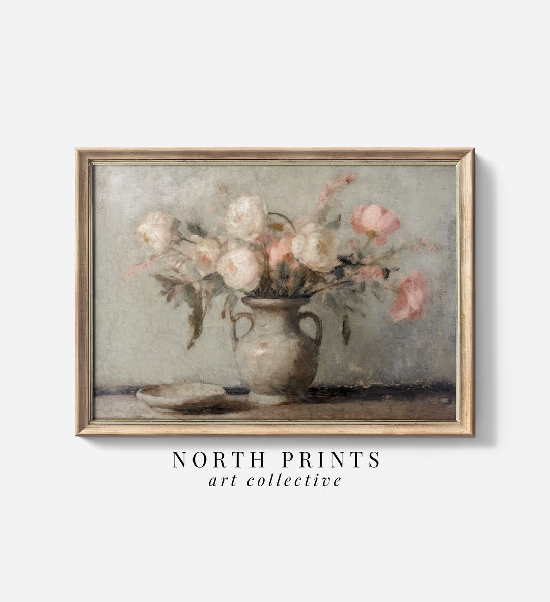 Vintage Muted Still Life Painting | Pink and White Flowers Botanical ...