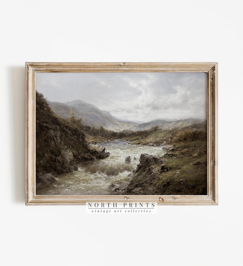 Rustic River Landscape Painting | Vintage Mountains | Bathroom Print ...