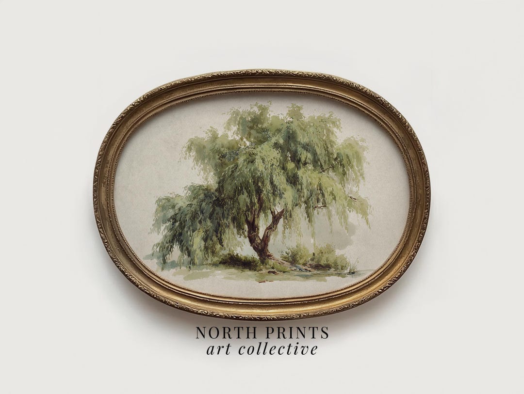 Vintage Willow Tree Watercolor Print, Country Landscape Wall Art ...