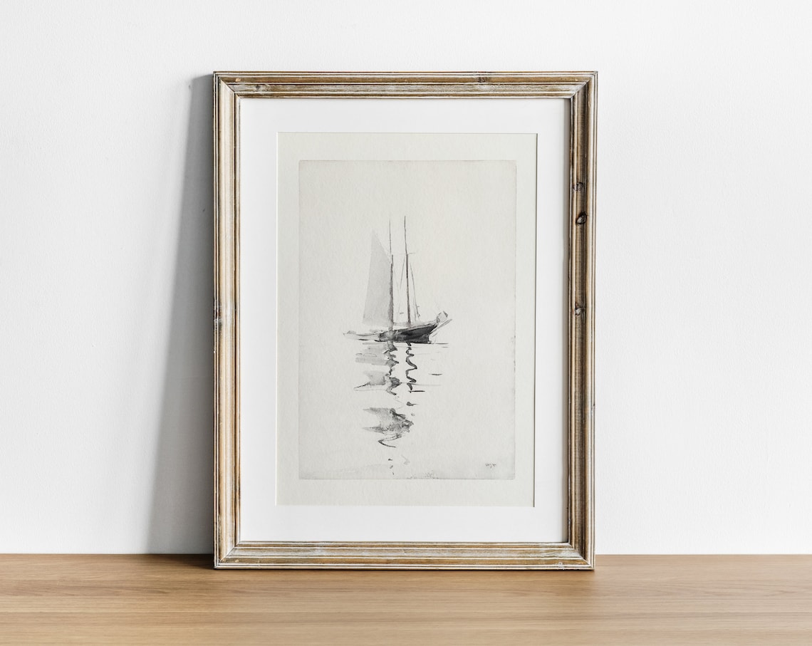 Muted Sailboat Print Vintage Nautical Painting Neutral - Etsy