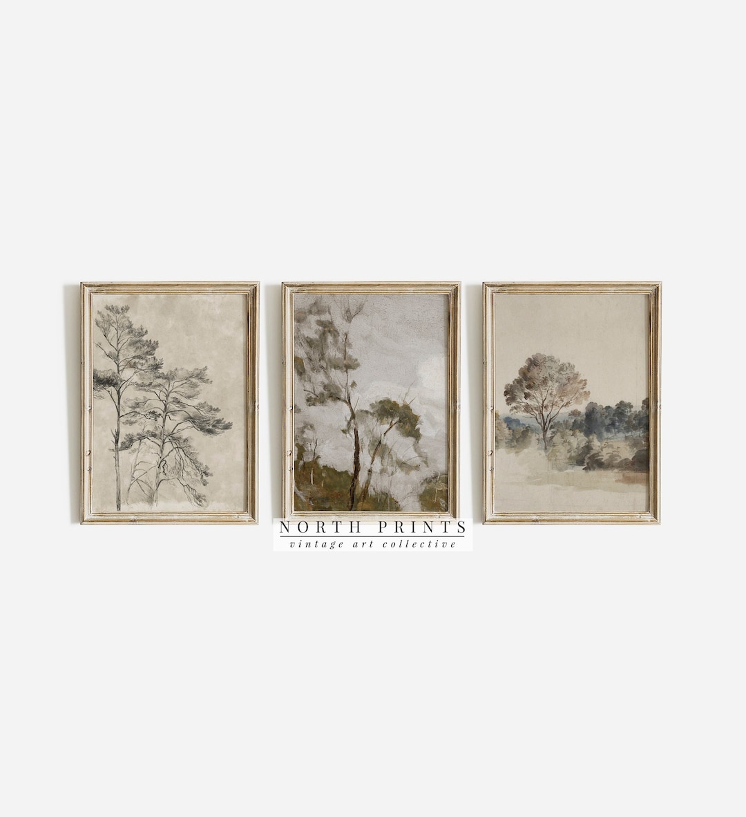 Vintage Muted Landscape Gallery Wall SET of Three | Neutral Tree Art ...