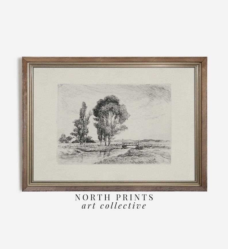 Vintage Country Landscape Sketch Print: Neutral Dining Room Art ...