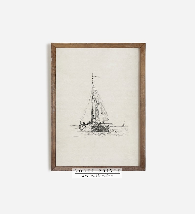 Sailboat Sketch Art Print: Vintage Nautical Drawing (printable Digital ...