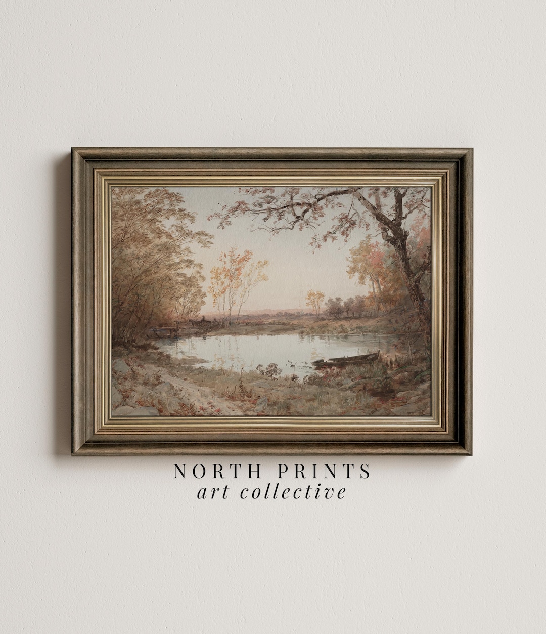 Muted Autumn Pond Landscape Painting | Vintage Wall Art | Neutral ...