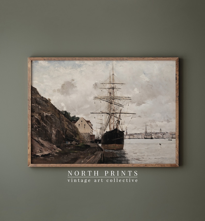 Vintage Nautical Ship Wall Decor Moody Harbor Painting - Etsy