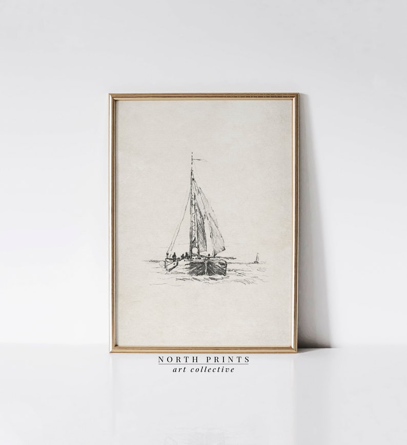 Sailboat Sketch Art Print: Vintage Nautical Drawing (printable Digital ...