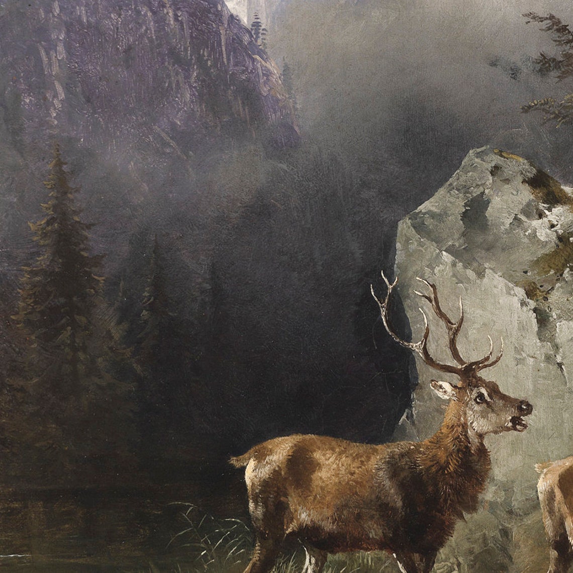 Rustic Deer Painting Vintage Print Landscape Painting - Etsy