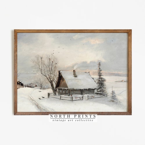 Winter Vintage Landscape Painting Rustic Snow Cottage Art - Etsy