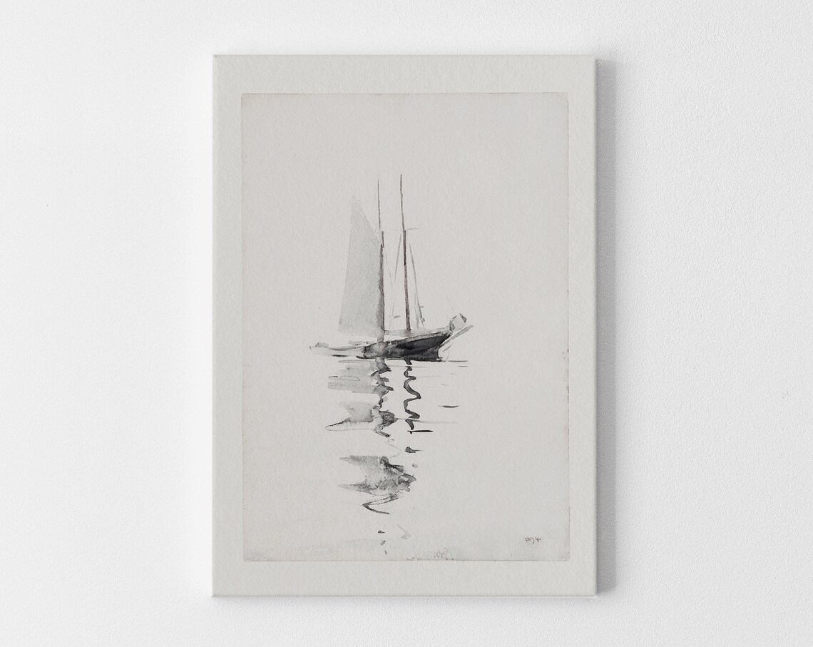 Muted Sailboat Print Vintage Nautical Painting Neutral - Etsy