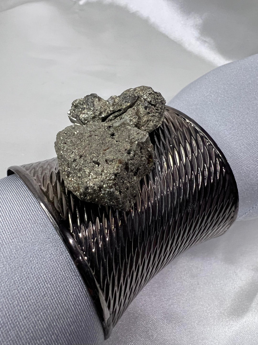 OOAK Big Real Pyrite Silver Color Metal Cuff , Open Wide Bracelet Size ...