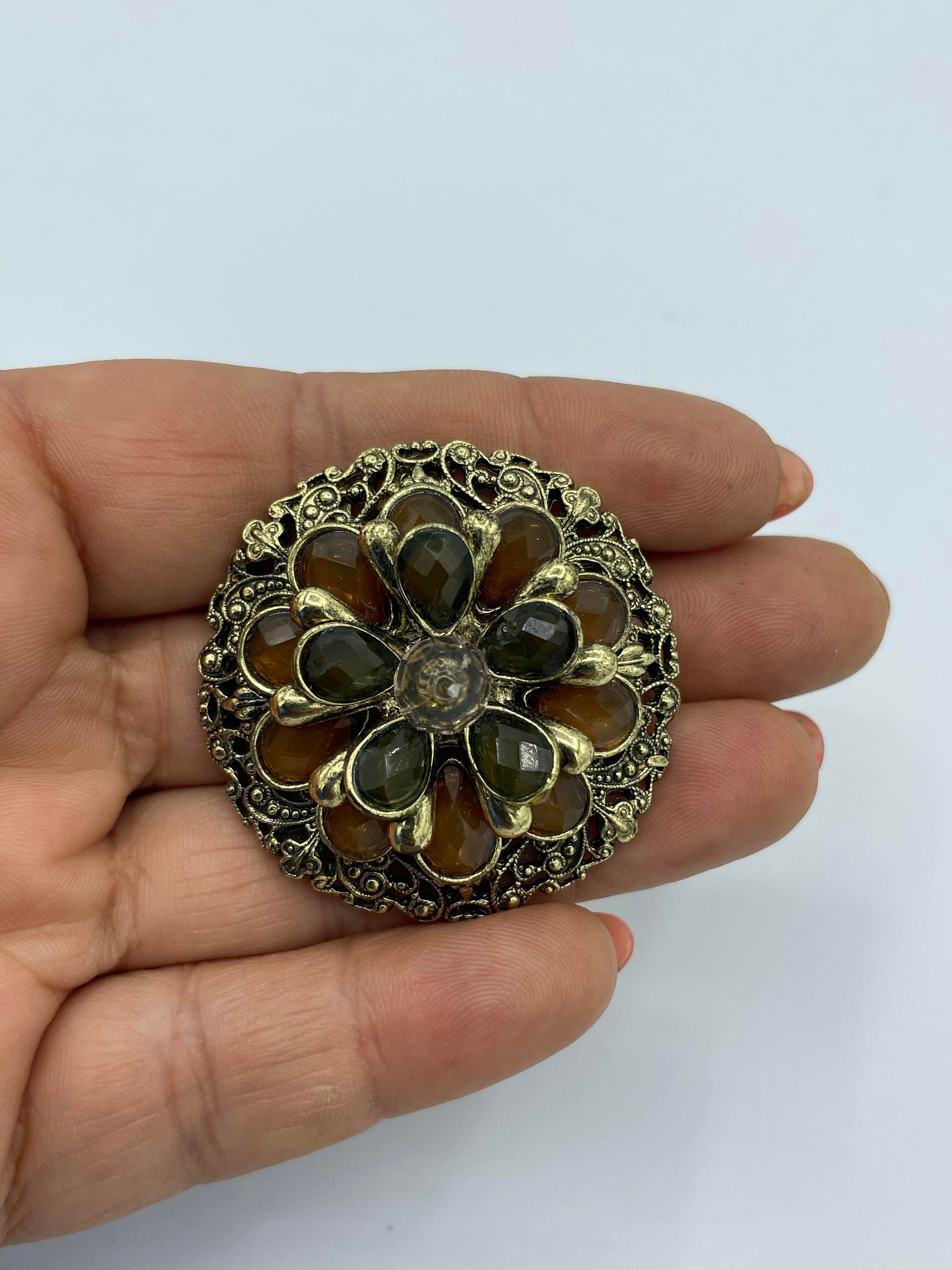 Vintage Signed Triangle Gold Ton Layered Filigree Rhinestone Brooch - Etsy