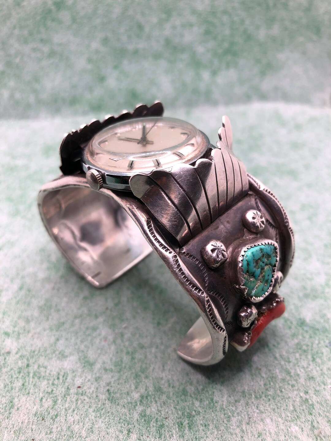 Native American Sterling Silver, Turquoise and Coral Timex Watch ,cuff ...