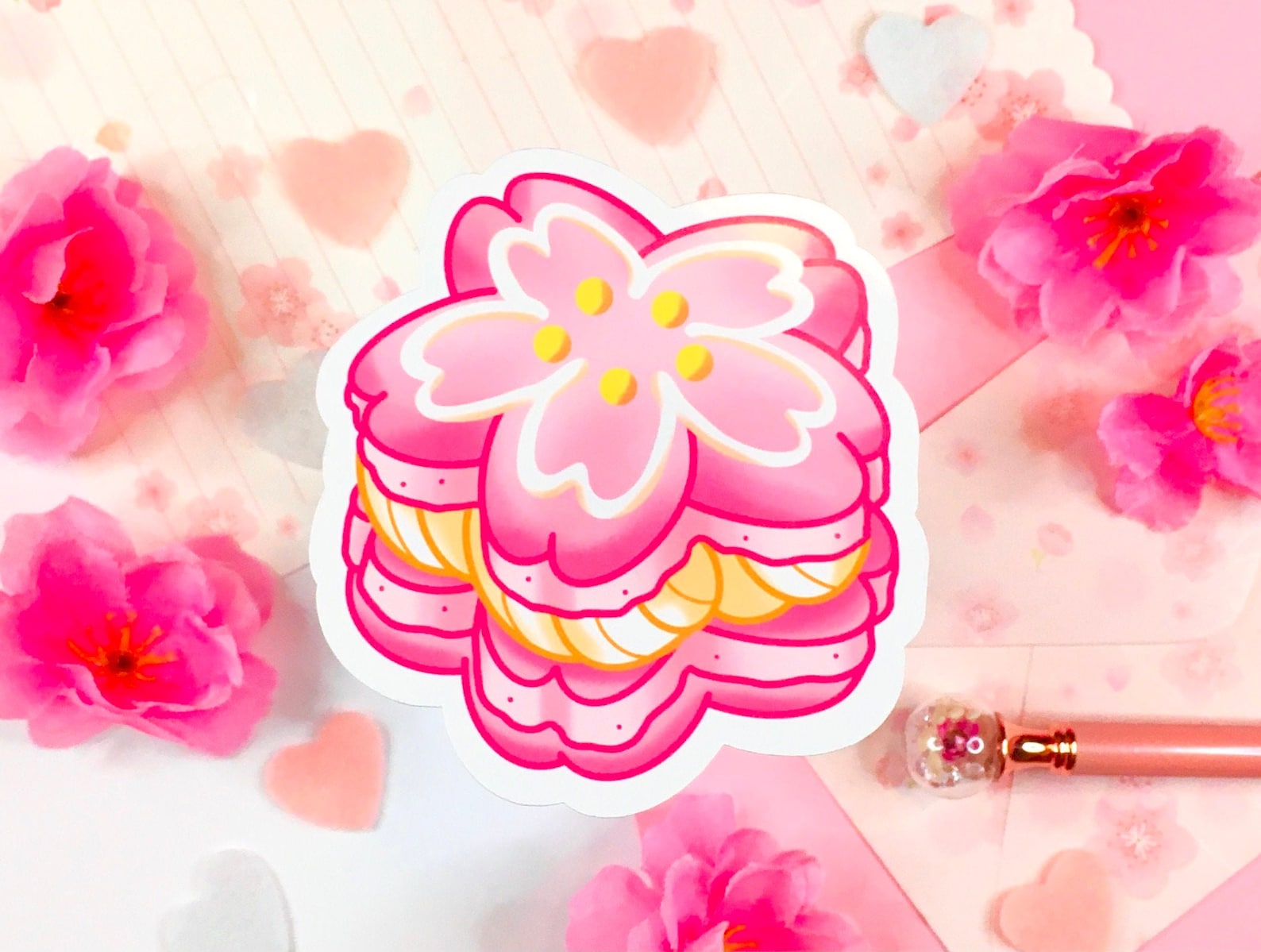Kawaii Cherry Blossom (sakura) Macaron Pink Sticker | Die Cut, Bullet ...
