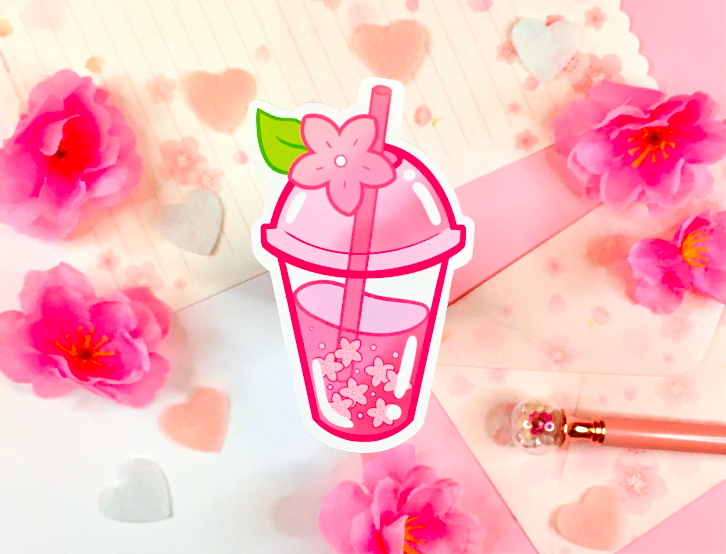 Kawaii Cherry Blossom (sakura) Boba/ Bubble Tea Sticker | Die Cut ...