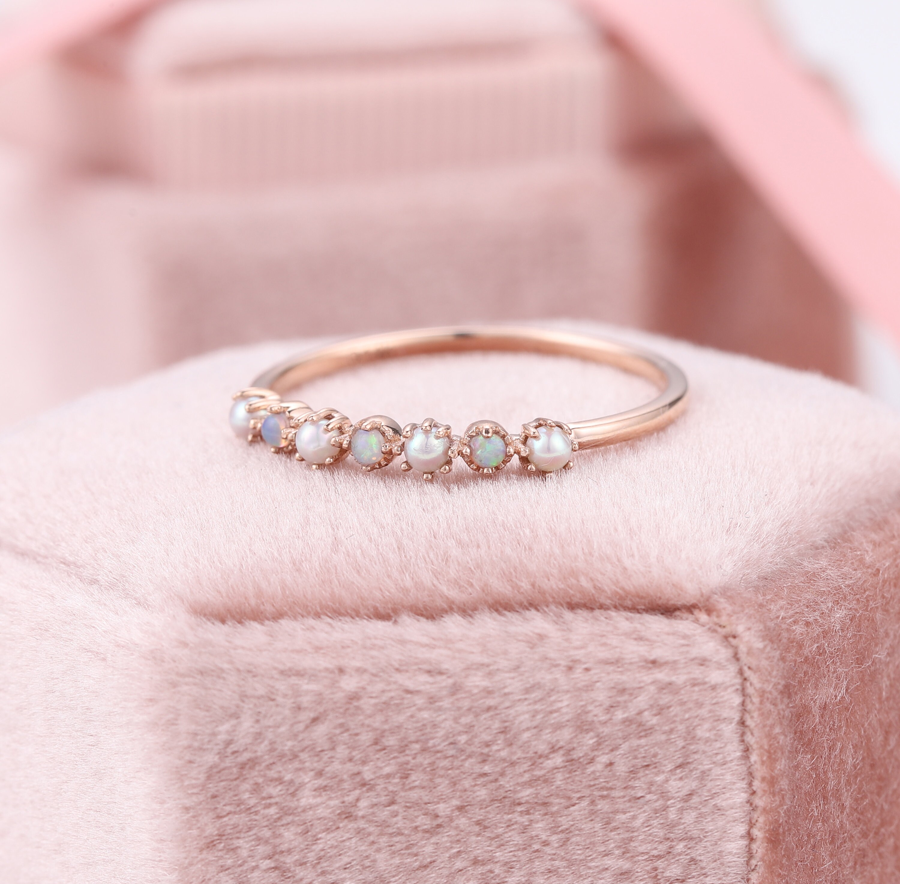 Opal and Akoya Pearl Eternity Ring, Rose Gold Opal Band Rings, Japanese ...