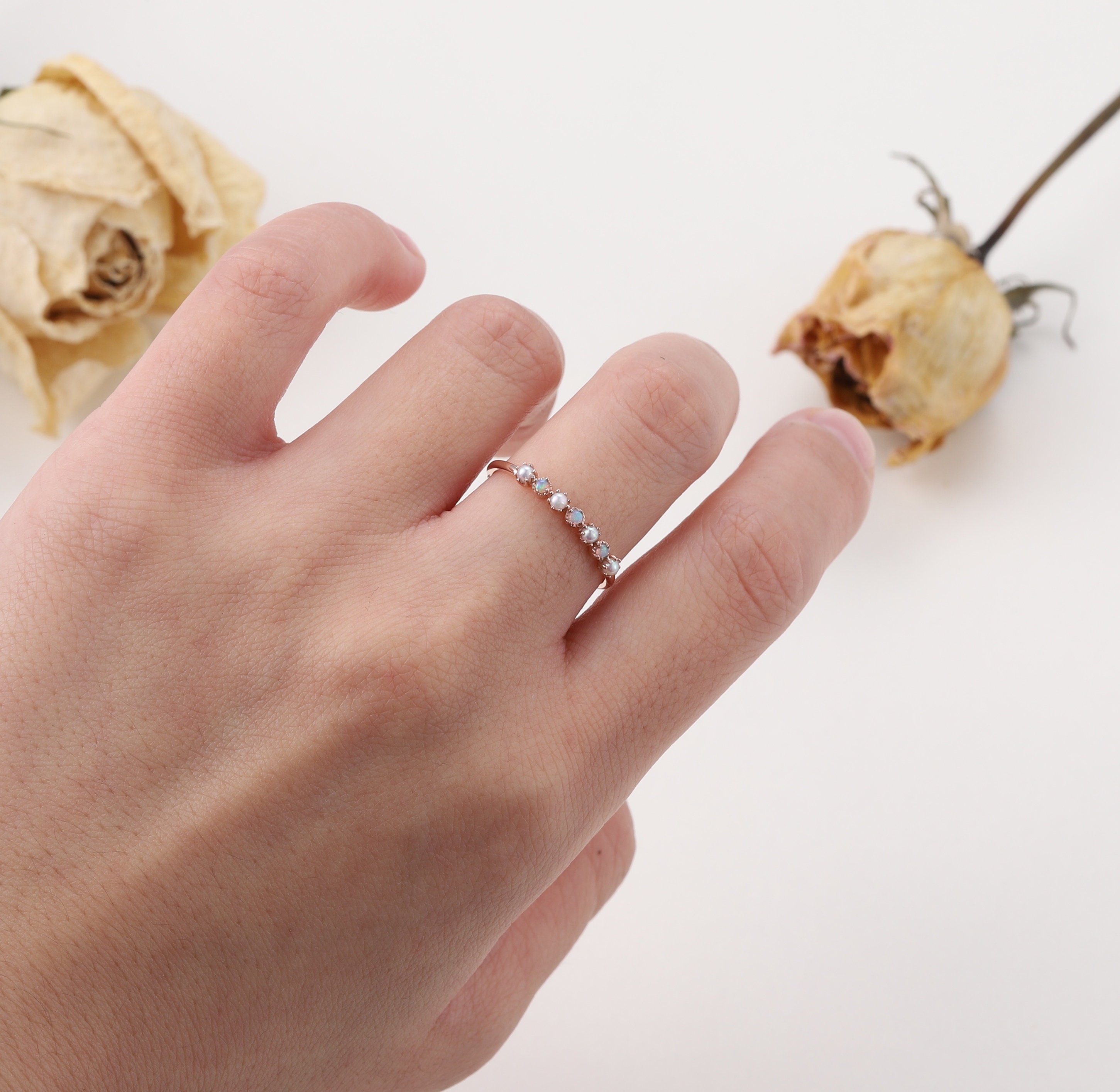 Opal and Akoya Pearl Eternity Ring, Rose Gold Opal Band Rings, Japanese ...