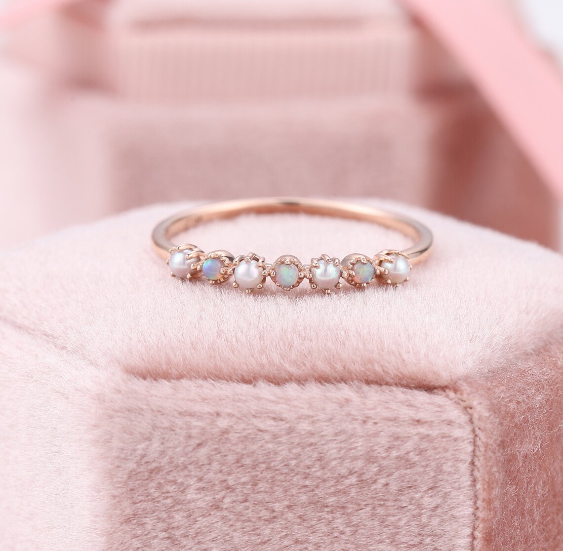 Opal and Akoya Pearl Eternity Ring, Rose Gold Opal Band Rings, Japanese ...