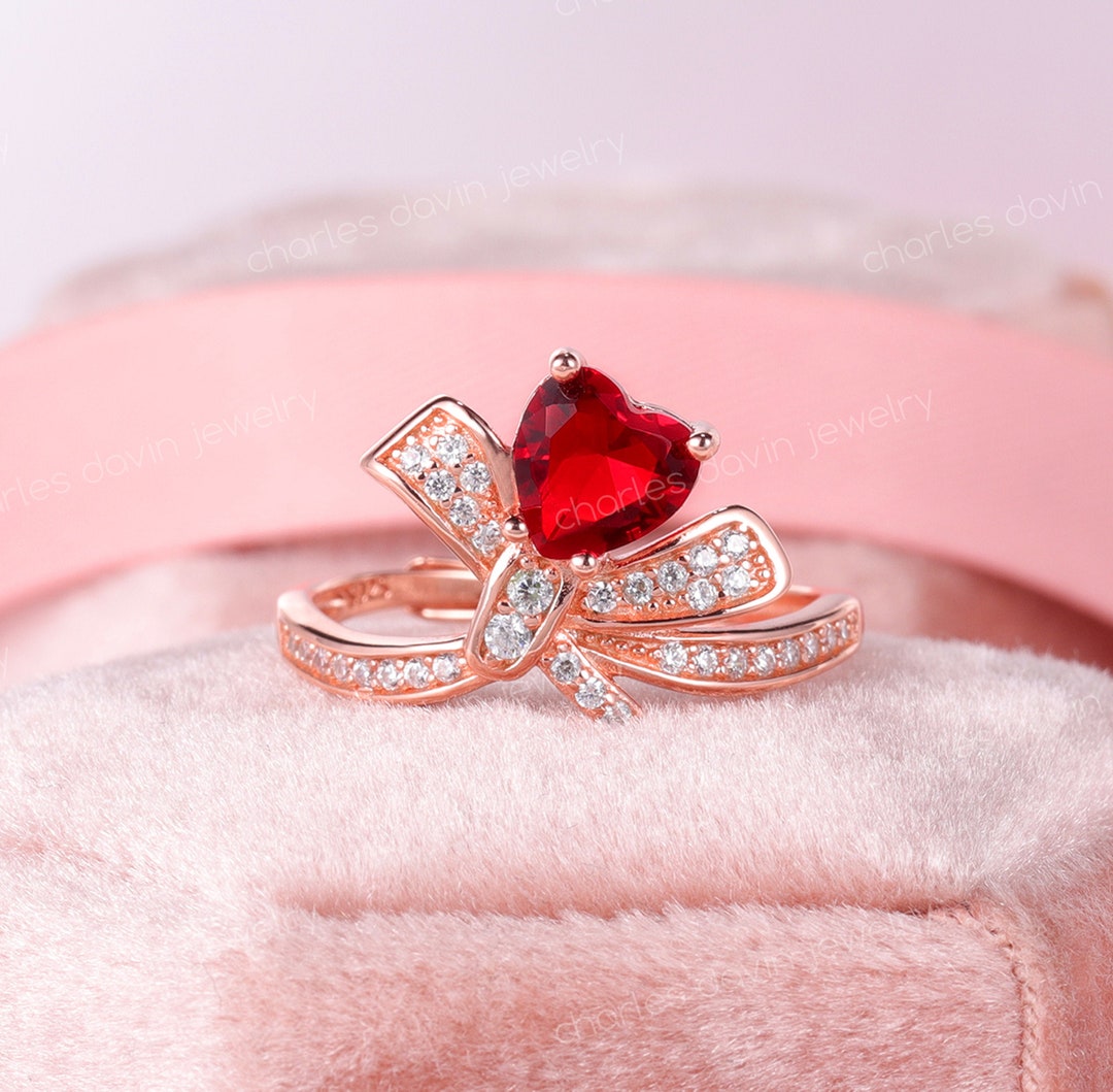 14k Solid Gold Sparkling Red Heart Ring, Love Bow Engagement Ring ...