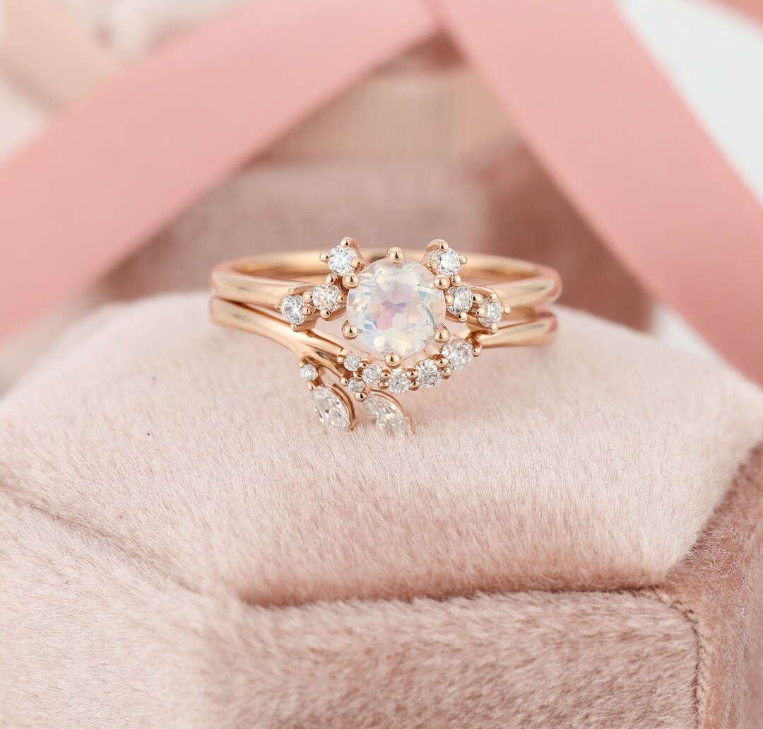 Moonstone Bridal Set Rings, 2 Piece Wedding Ring Sets, Custom Dual ...