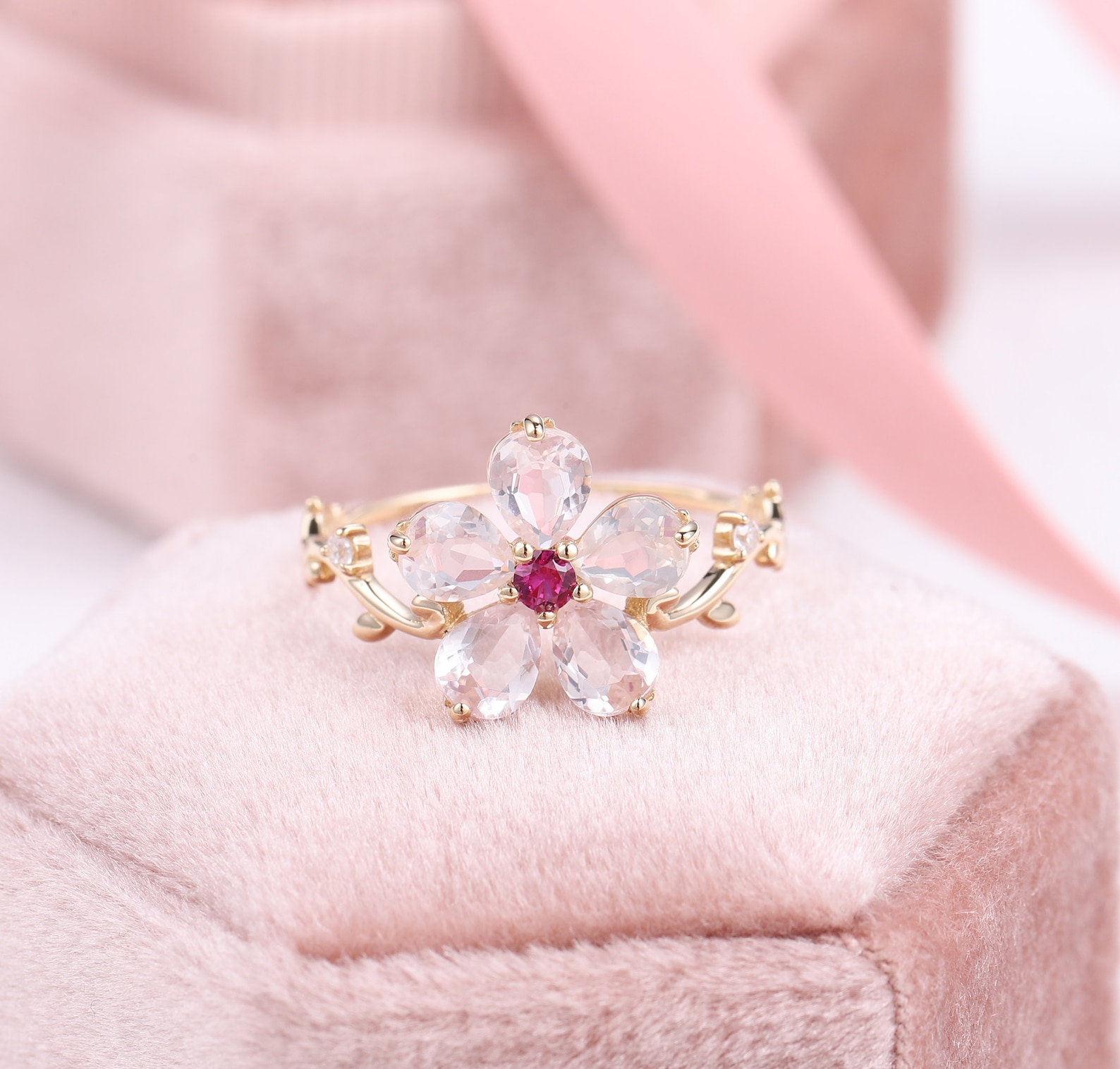 18K Rose Quartz Flower Ring, Pink Crystal Floral Ring, Japan Peach ...