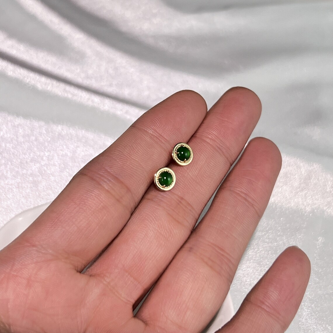 Vintage Forest Green Jade Round Stud Earrings, Mini Solid Gold Bezel ...