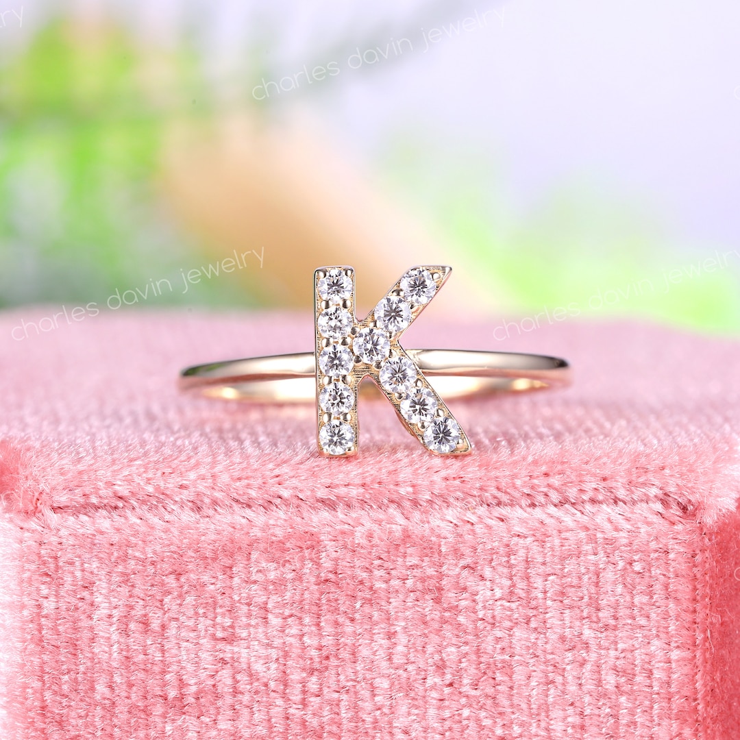 14K Solid Gold K Letter Diamond Ring, Personalized Alphabet Ring ...