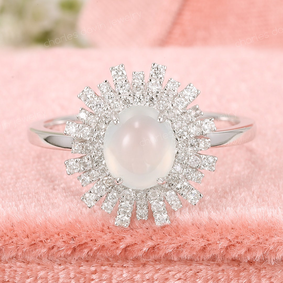 Icy Jade Engagement Ring, Art Deco Anniversary Ring, Diamond Cluster ...