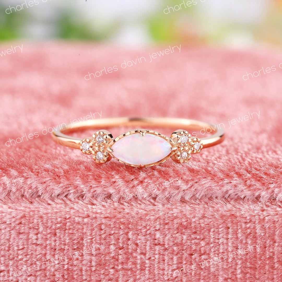 Delicate Opal Engagement Ring, East West Opal Splice Ring, Diamond ...