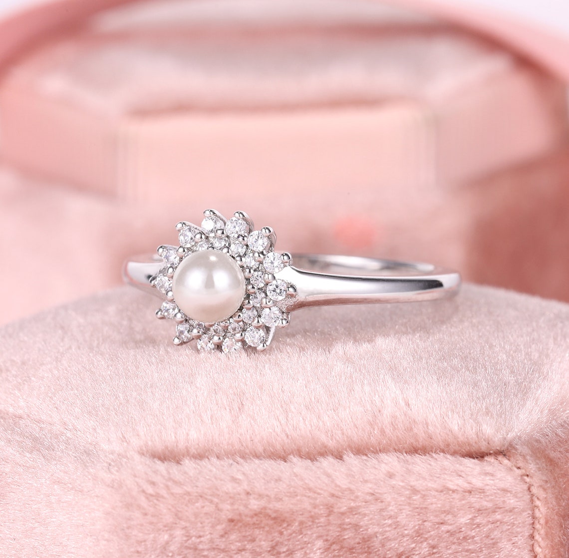 Vintage Pearl Engagement Rings White Gold, Double Halo Round Pearl ...