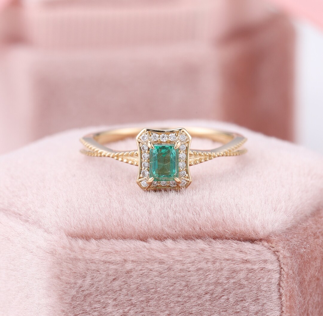 Vintage Emerald Cut Engagement Ring, Natural Emerald Diamond Ring, May ...