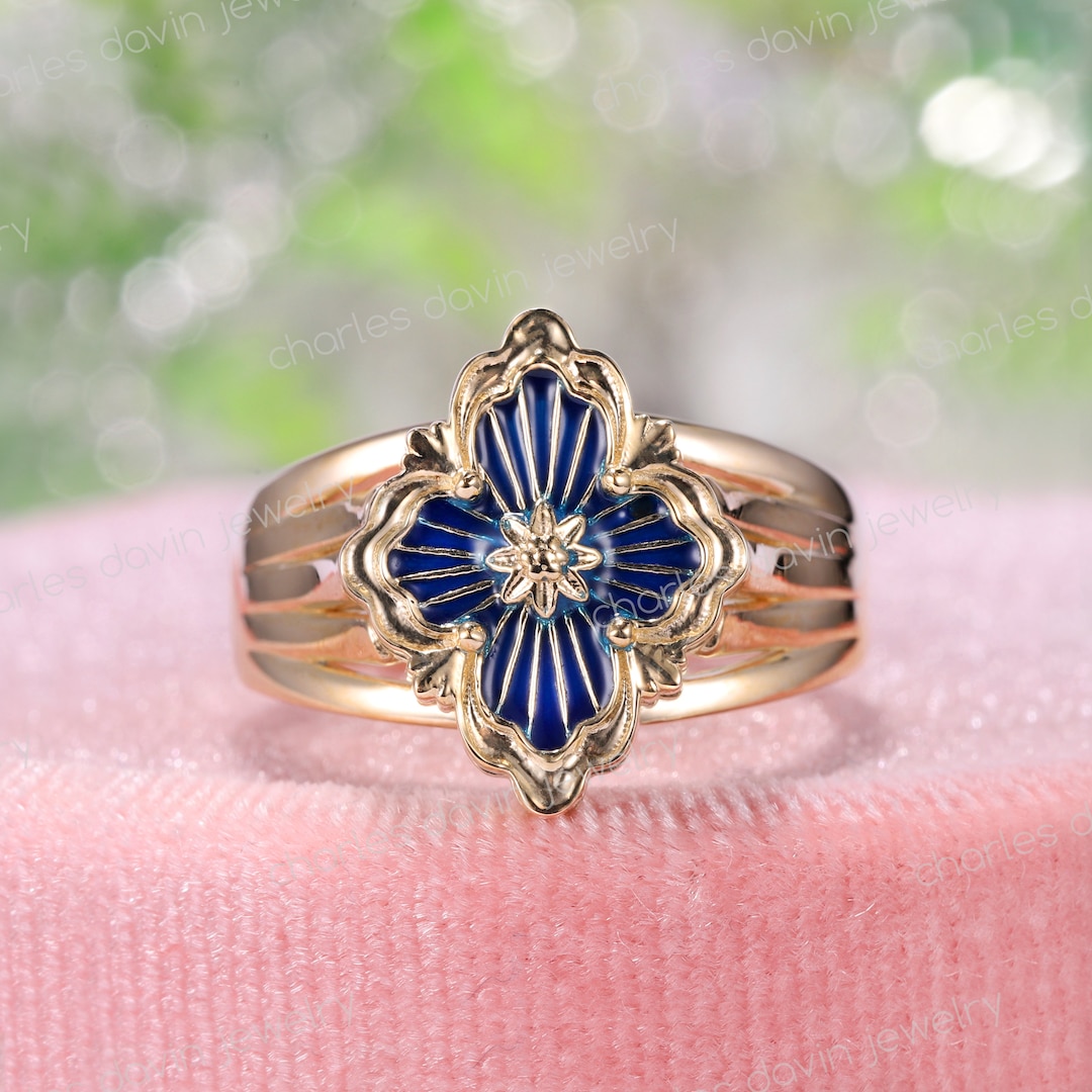 18k Yellow Gold Opera Tulle Ring, Blue Enameled Element Blossom Ring ...